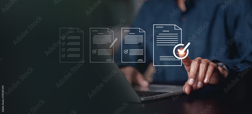 Performance checklist, businessman using checklist survey, filling out ...