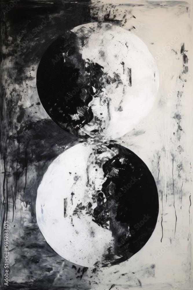 Monocromatic painting with two circles. Symbol of duality created using ...