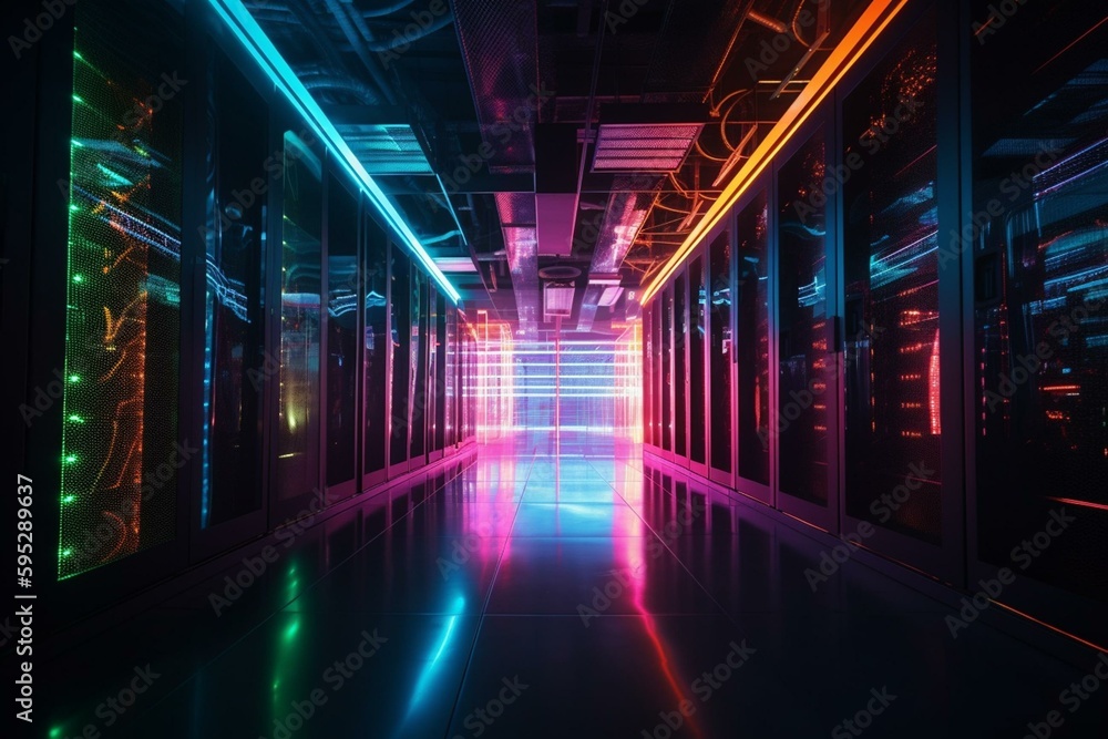 Neon-colored banner showcasing a modern data center with rows of ...