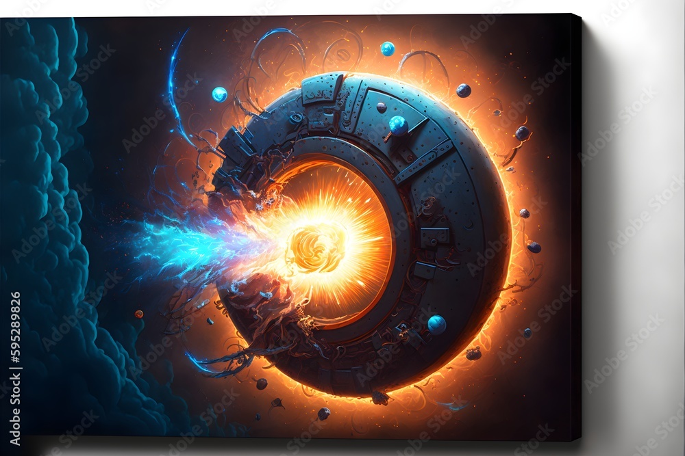 Catalog photography of the Earth jumping out of steampunk portal ...