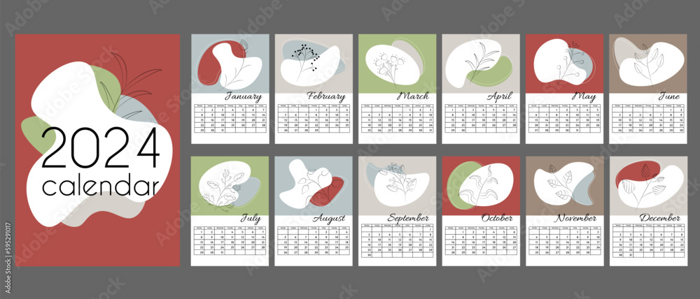 Abstract calendar for 2024 in vertical A4 format.Week starts on Monday ...