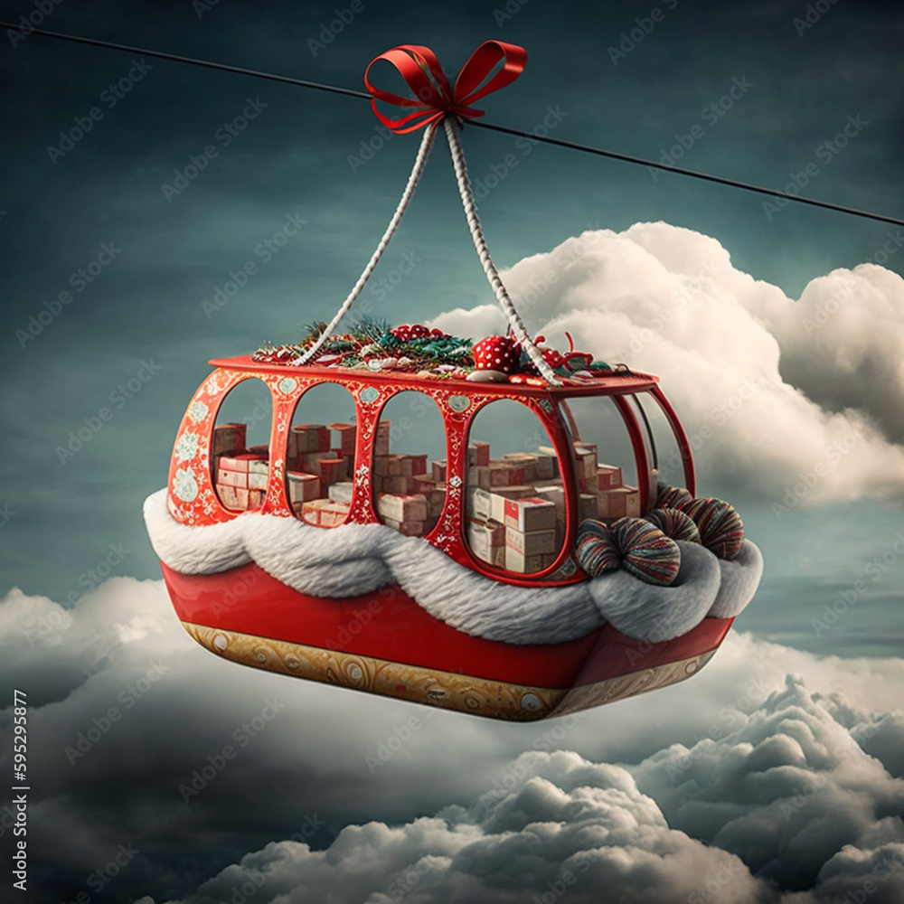 A red beautiful gondola lift delivers the gifts, A red gondola lift ...