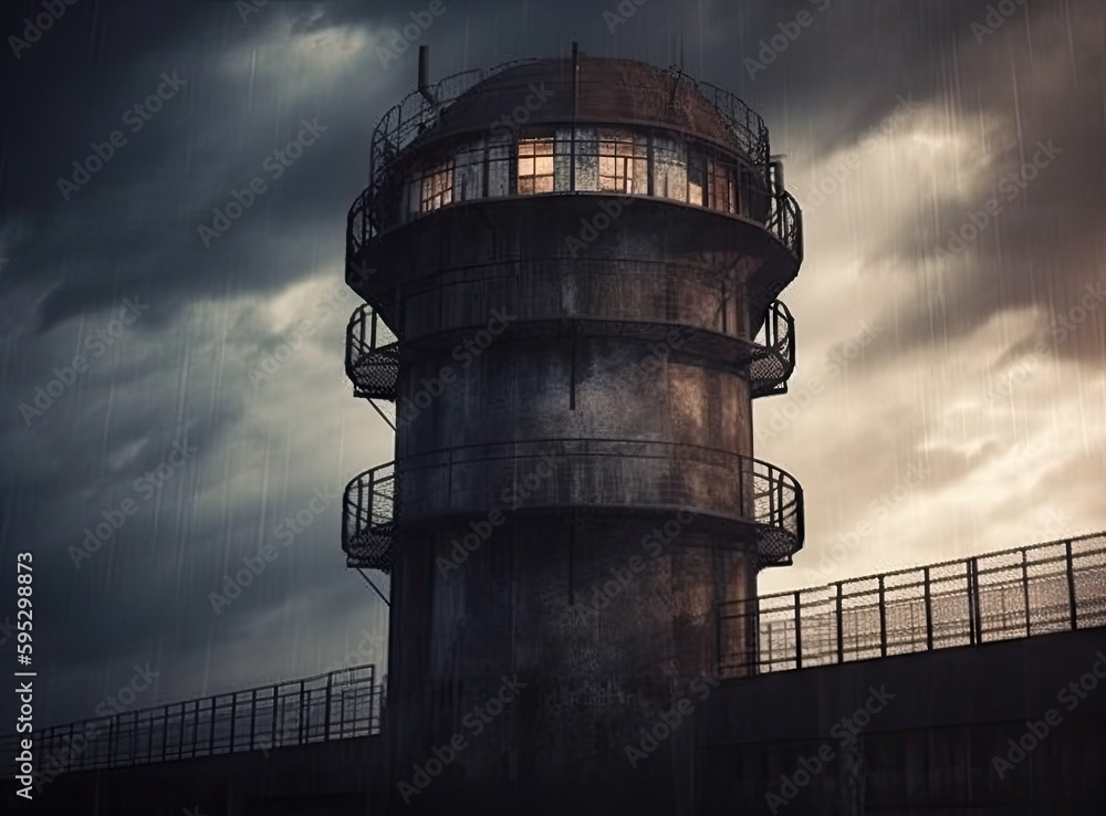 barbed wire and prison watchtower created with Generative AI technology ...