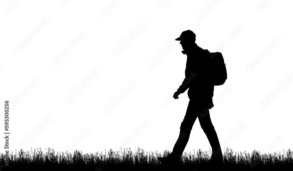 Realistic black illustration of walking tourist with backpack, grass ...