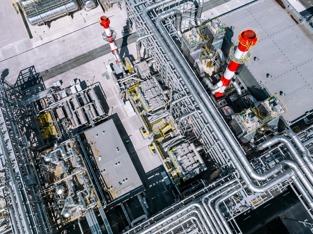 Factory Oil and Gas Refinery. Modern Fuel Energy Factory. Aerial Top ...