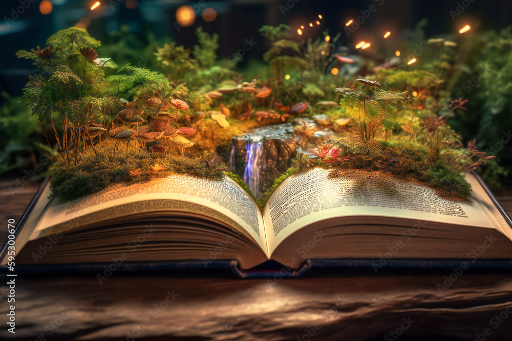 Fantasy illustration of an old book in the woods, covered with moss ...