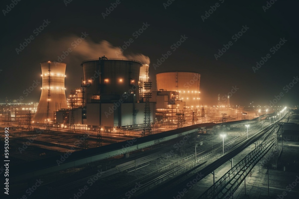 Illuminated nuclear power plant at night with reactor. Generative AI ...
