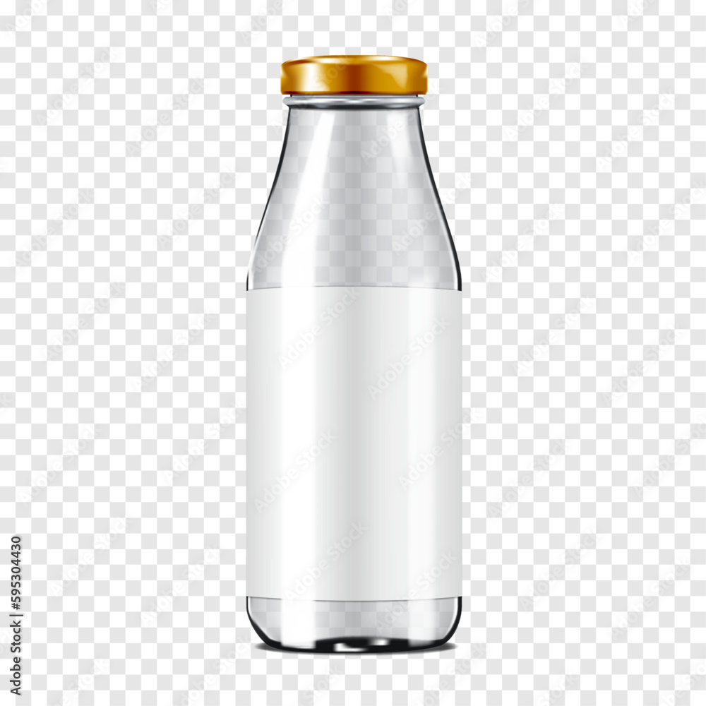 Clear empty glass bottle with metal cap and white blank label on ... Clear empty glass bottle with metal cap and white blank label on ...