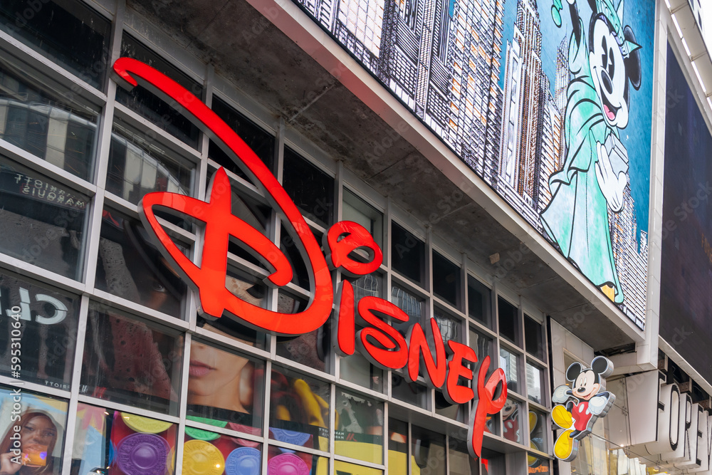 New York City, USA - August 18, 2022: Close up of Disney store sign in ...