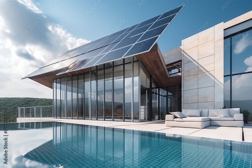 Modern houses and swimming pools with solar energy. AI technology ...