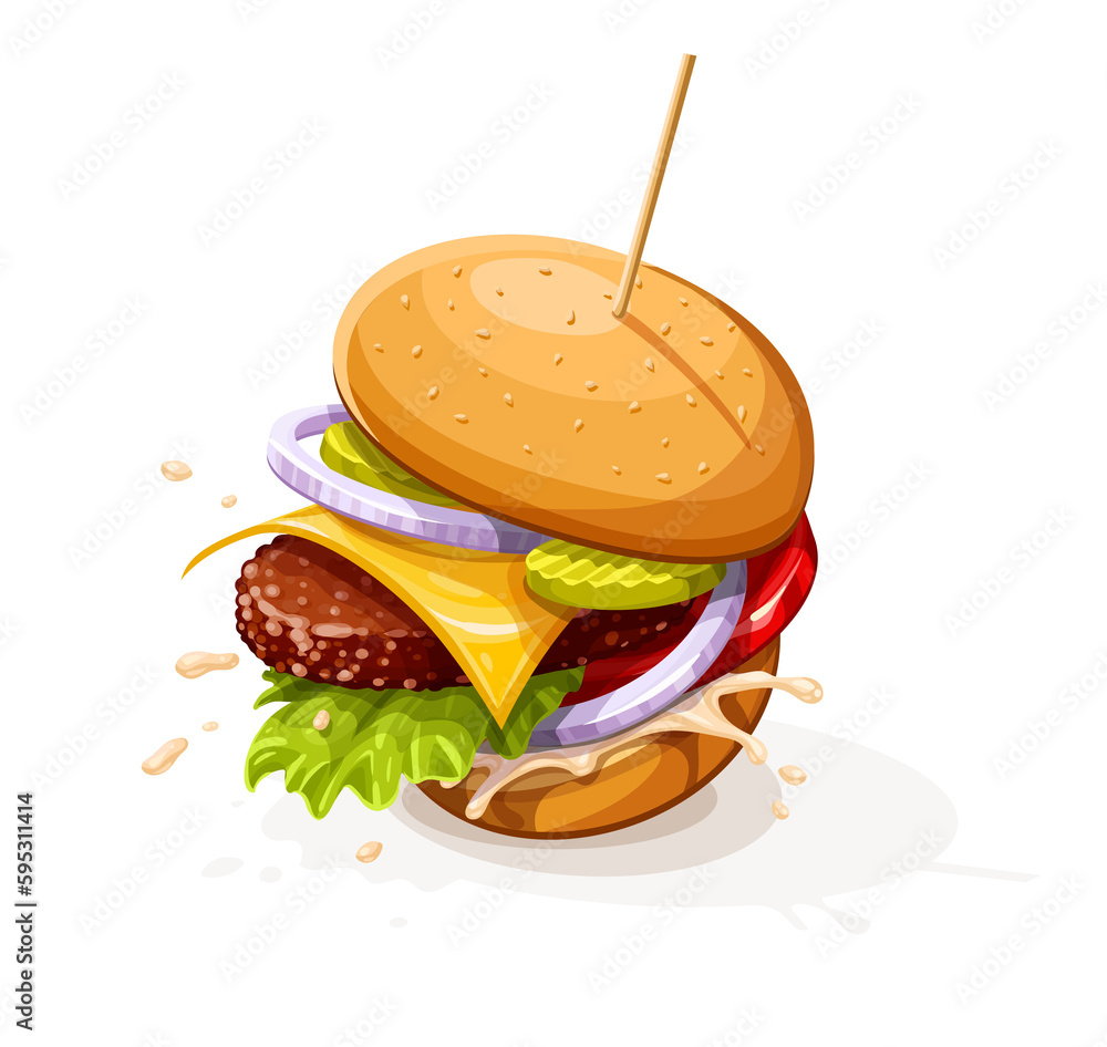 Hamburger with beef meat cutlet cheese and splashing sauce isolated ...