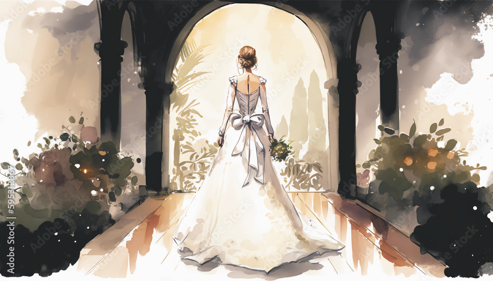 An illustration of a wedding dress on a bride walking down the aisle ...
