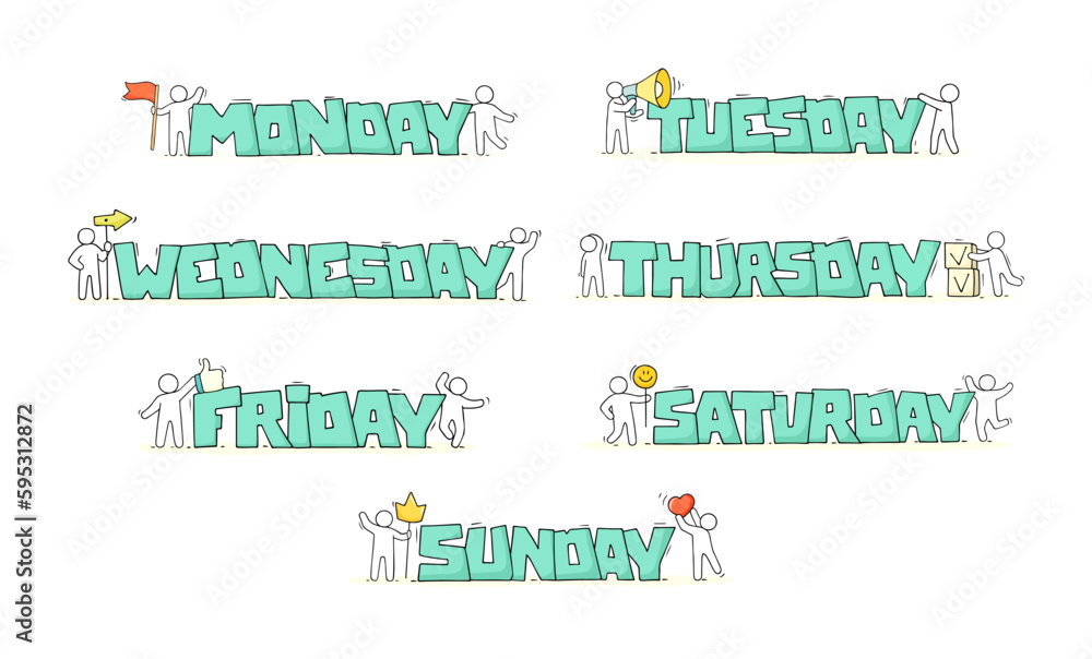 Cartoon set - little people with days of the week. Hand drawn vector ...