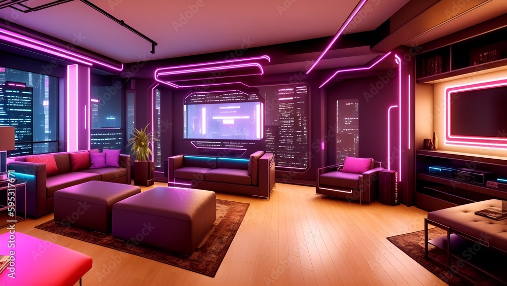 An apartment living room interior designed in a cyberpunk style Stock ...