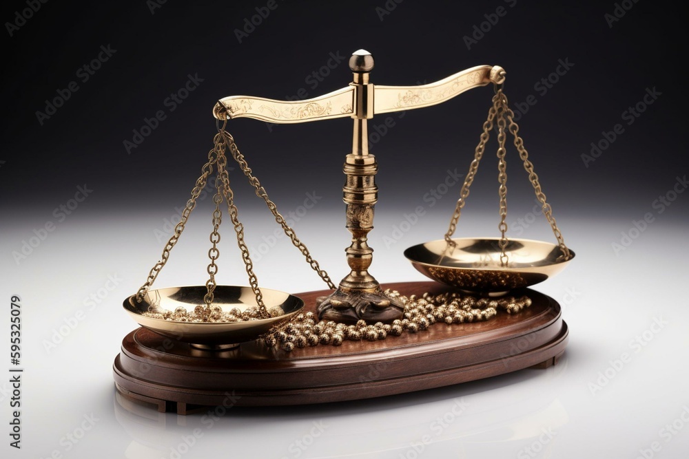 A gold balance scale with chains and wooden base, isolated on white ...