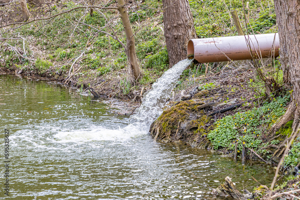 Clean water flowing from a pipe into a pond surrounded by wild ...