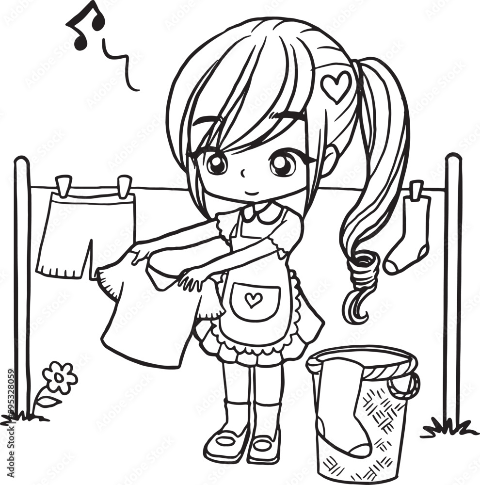 Girl drying clothes cartoon doodle coloring page cute drawing clipart ...