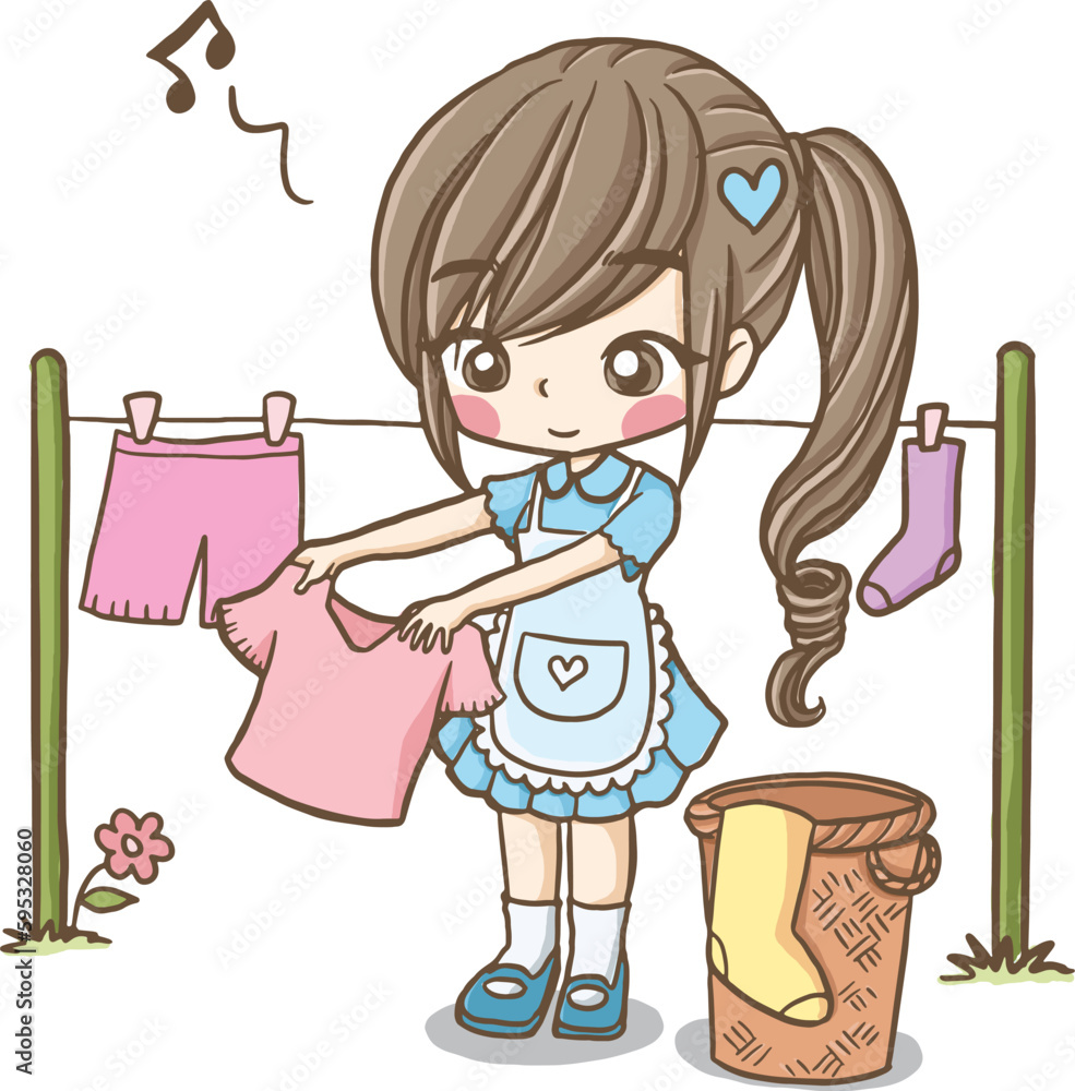 Girl drying clothes cartoon doodle coloring page cute drawing clipart ...