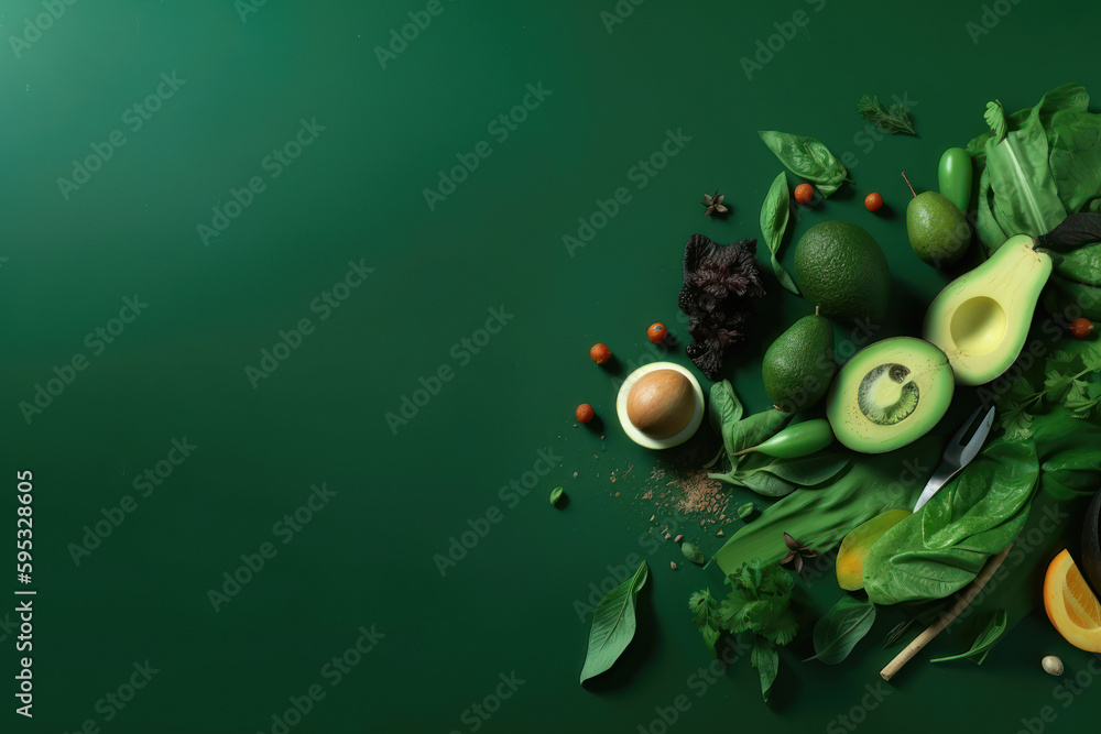 Vegetarian food on a textured green background. AI generated Stock ...