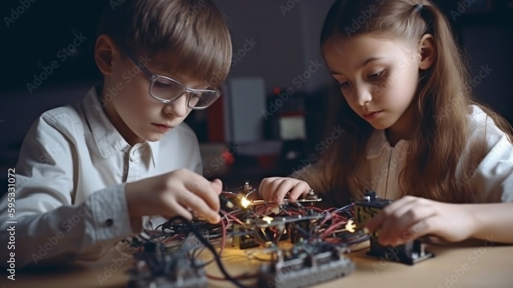 Children are building robots. Generative AI, cute girl holding elements ...