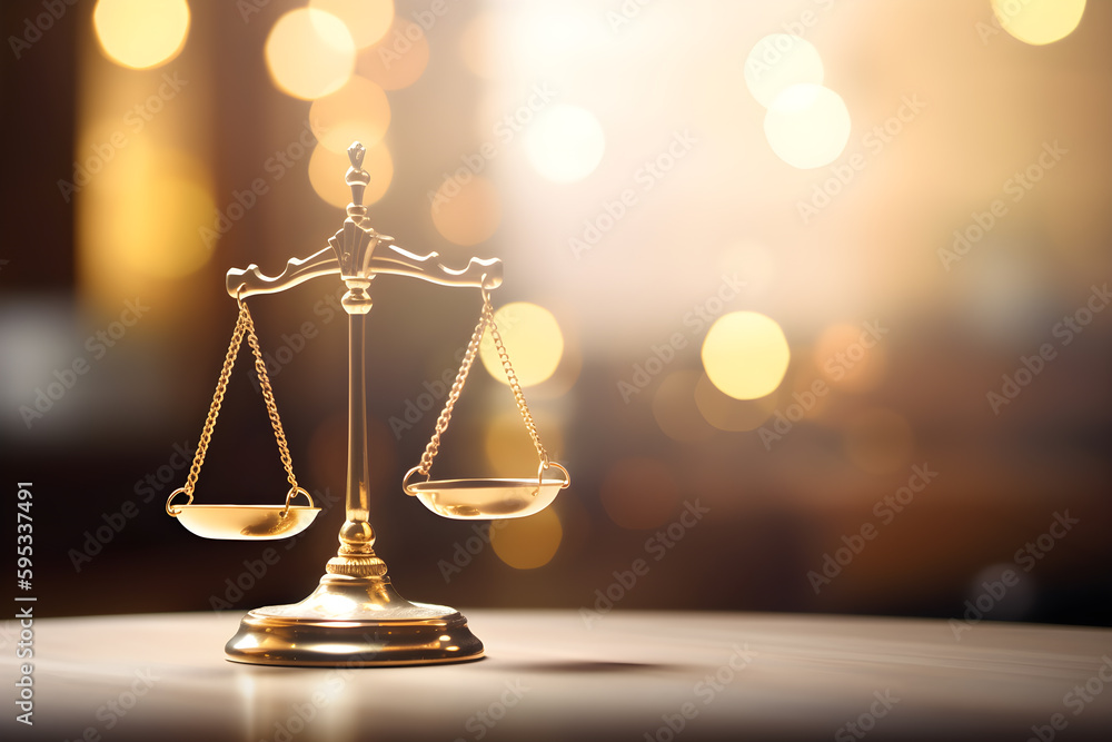 Shiny golden balanced scale in court library background as concept ...