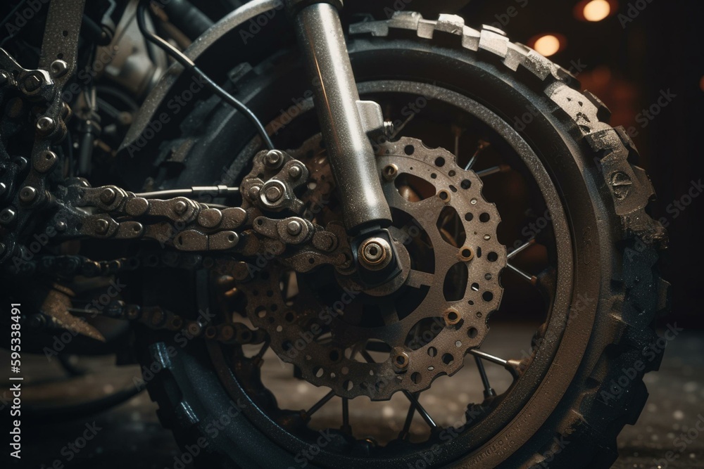 Motorbike wheel composed of interconnected gears and cogs. Generative ...