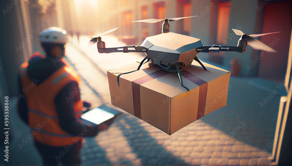 Drone delivery delivering parcel package into urban city. UAV drone ...