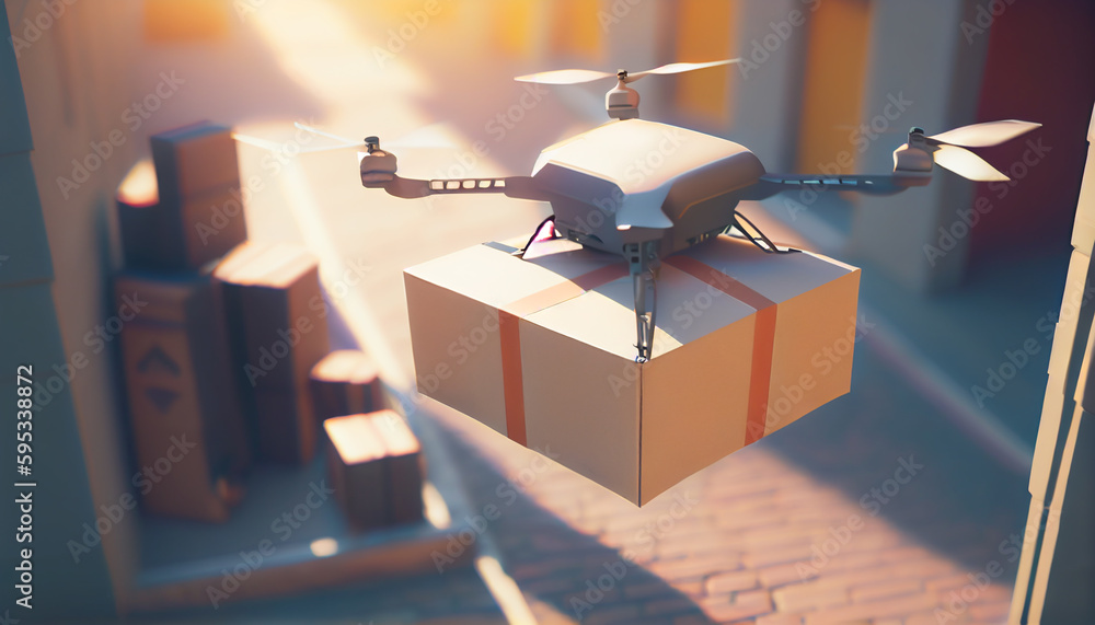 Drone delivery delivering parcel package into urban city. UAV drone ...
