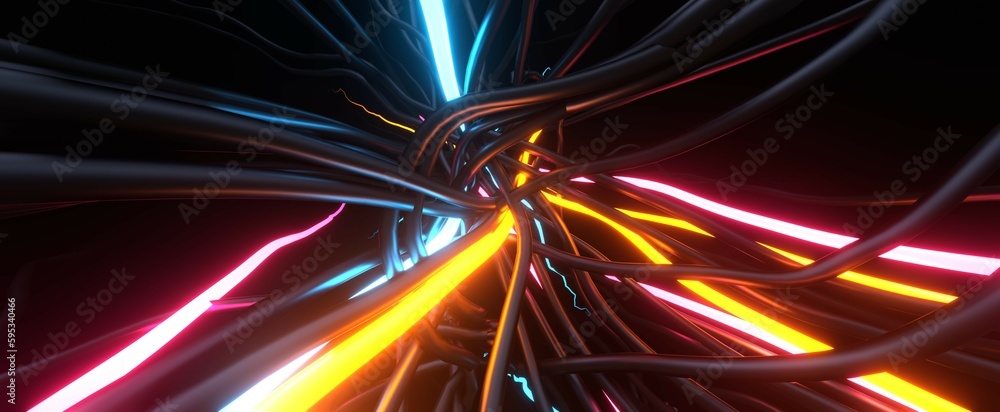 Intertwining energy cables with neon glow. Tangled stream of purple 3d ...
