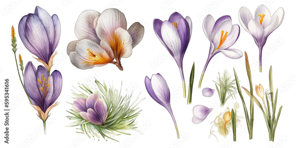 Set of Crocus flower watercolor elements on transparent background Stock Illustration | Adobe Stock