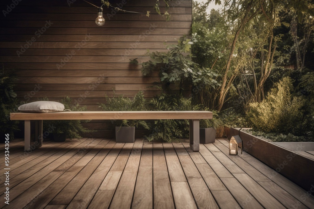 Wood deck, bench and cladding with garden view, natural colors and ...