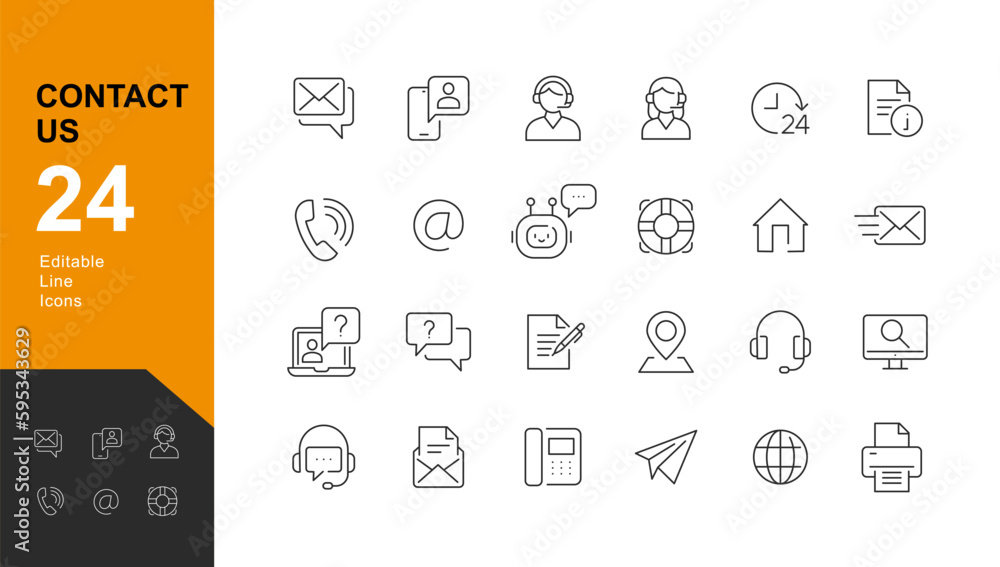 Contact Us Line Editable Icons set. Vector illustration in modern thin ...