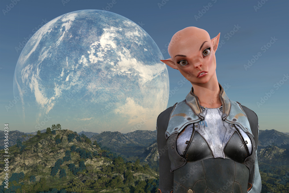 3d illustration of a strange bald female pointed ear alien with head ...