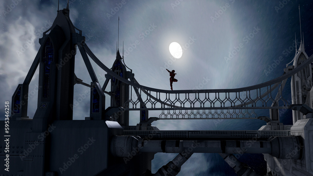 Illustration of a woman astronaut balancing on a beam in space with ...