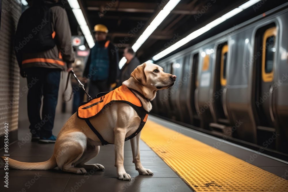 Guide Dog And Its Handler Standing On Platform Waiting For The Subway ...