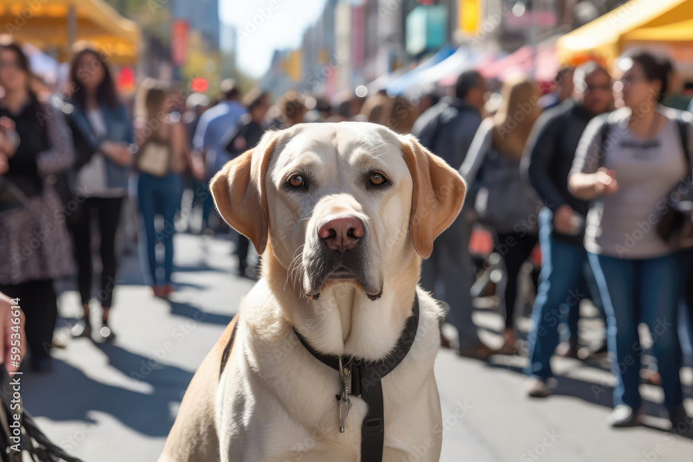 Guide Dog Leading Its Handler Through Crowded City Street Fair ...