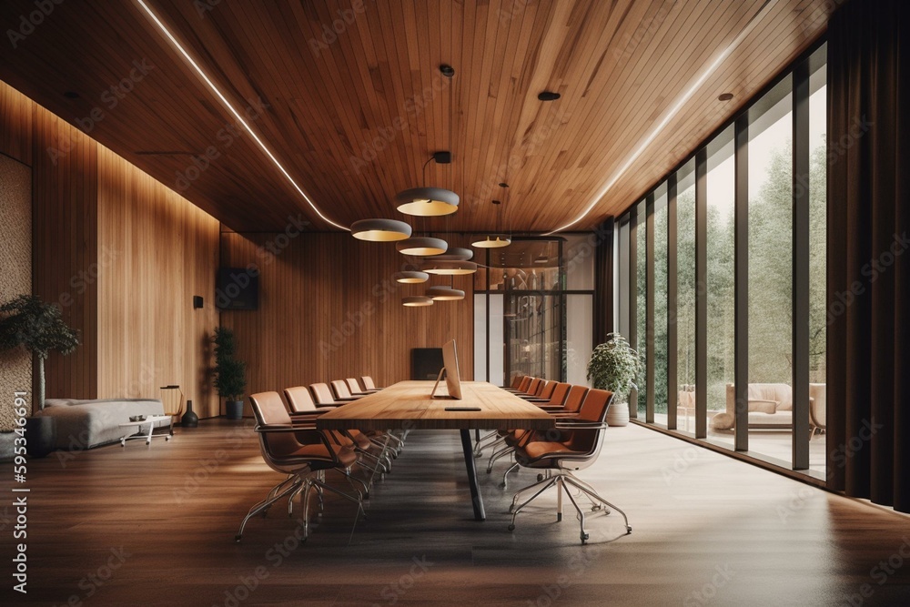Modern wood meeting room with conference furnishings and decor ...