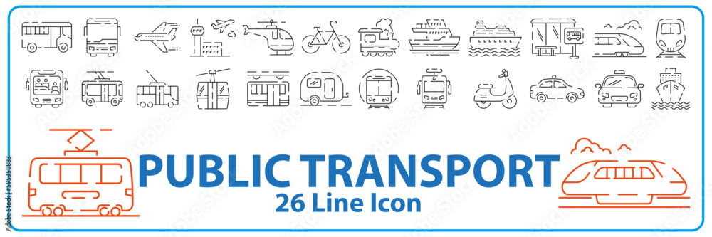 Public Transport Vector Line Icons set with Train, Tram, Bike, Bus, Car ...