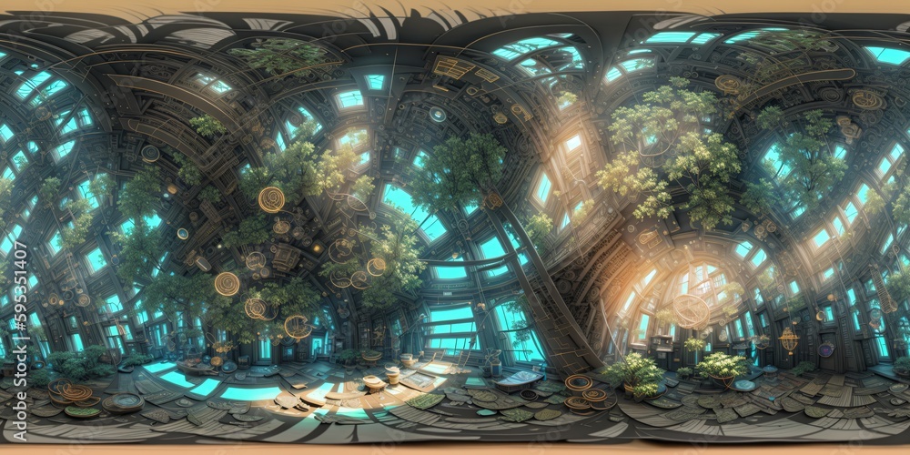 Spherical 360 panorama. Bird-view surreal environment. A digital ...