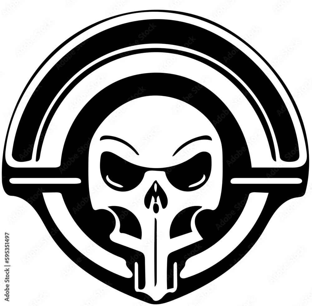 Sci-fi skull logo design in black and white, vector illustration of an ...