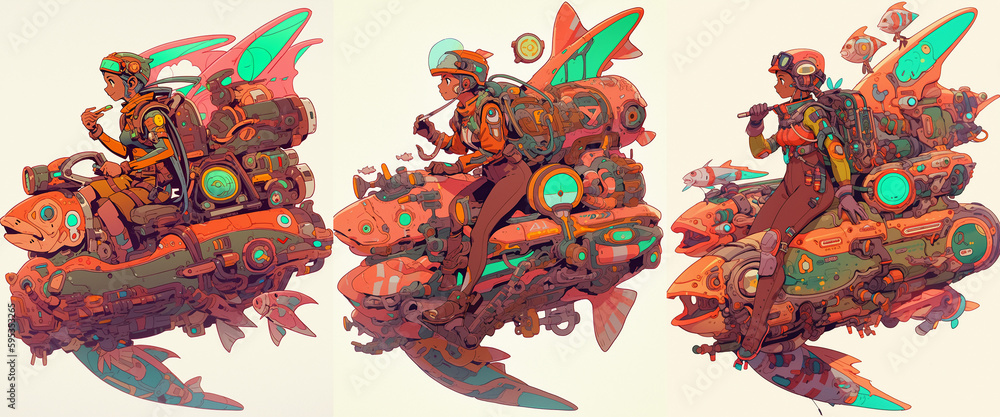 Various illustrations of cartoon girls with fish. Character design on ...