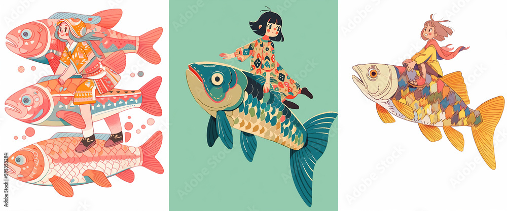 Various illustrations of cartoon girls with fish. Character design on ...