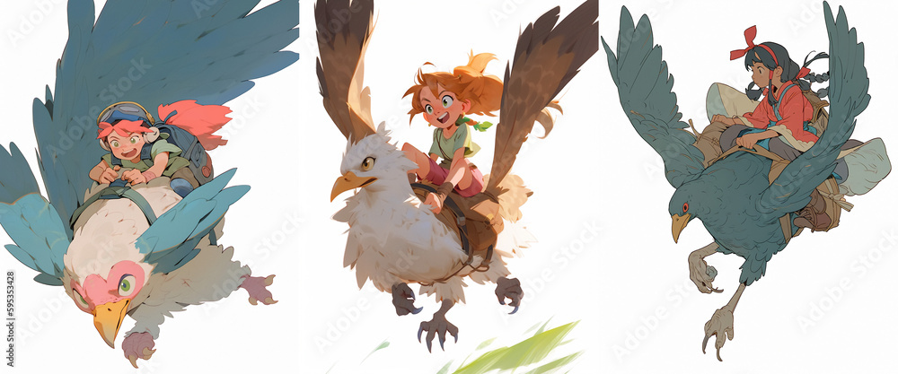 Portrait of anime girls riding a birds. Illustration in the cartoon ...