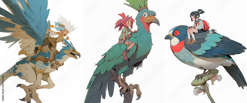 Portrait of anime girls riding a birds. Illustration in the cartoon ...