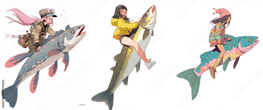 Various illustrations of cartoon girls with fish. Character design on ...