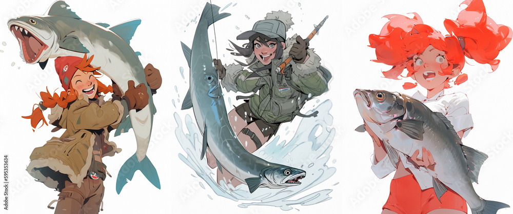 Various illustrations of cartoon girls with fish. Character design on ...