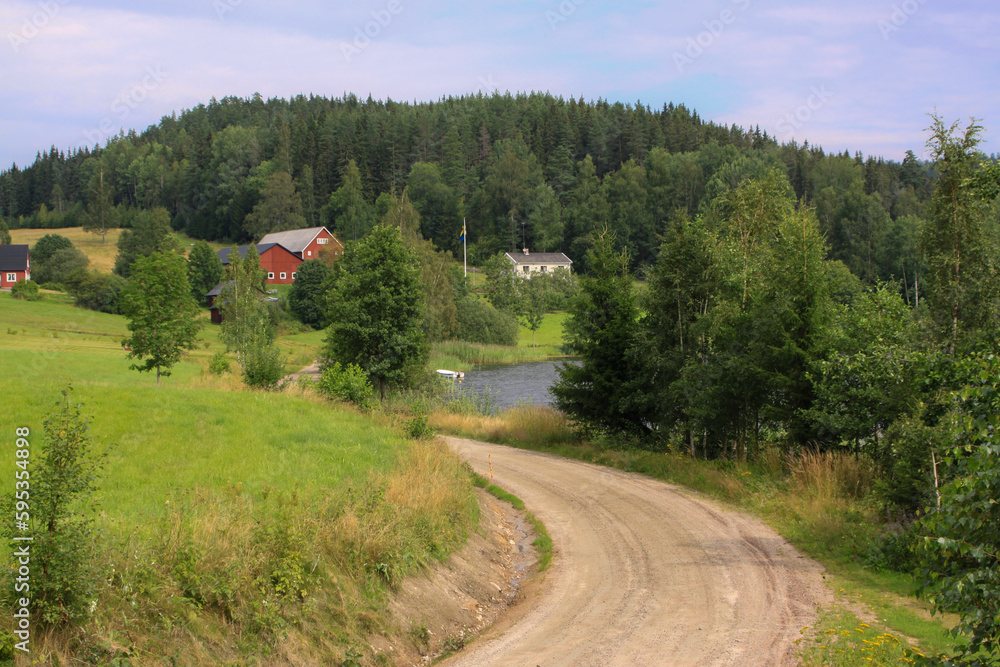 Beautiful Swedish landscape with a sandy road along a lake through the ...