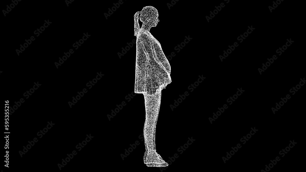 3D pregnant woman on black bg. Object dissolved white flickering ...