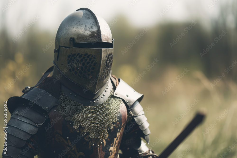 ภาพประกอบสต็อก On the battlefield, a lone armored knight stands with a ...