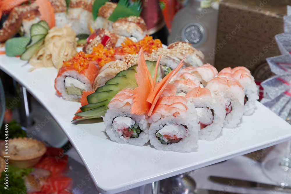 Japanese sushi food. Maki ands rolls with tuna, salmon, shrimp, crab ...